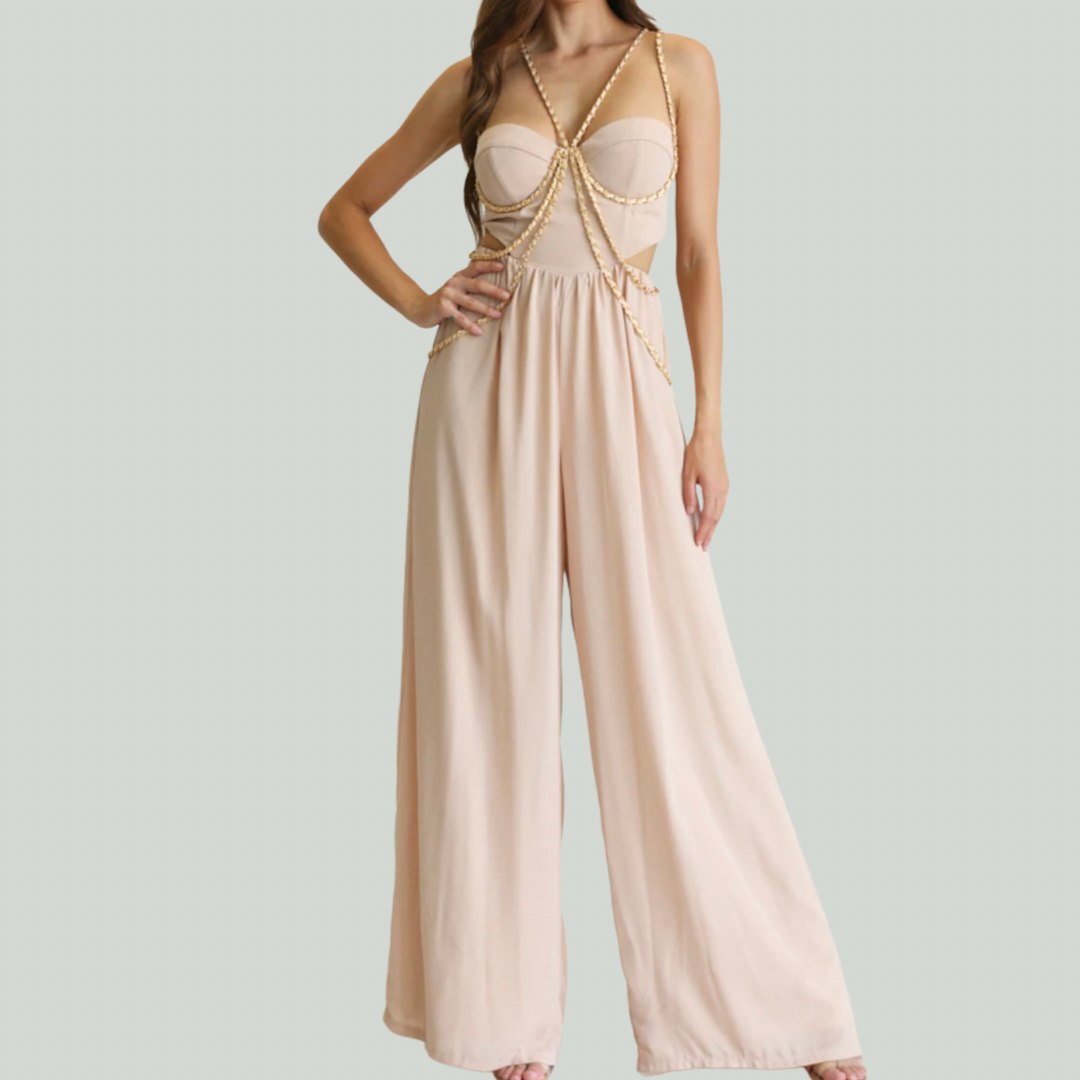 ARI DRAPED CHAIN STRAP WIDE LEG JUMPSUIT – MilaGrace Boutique