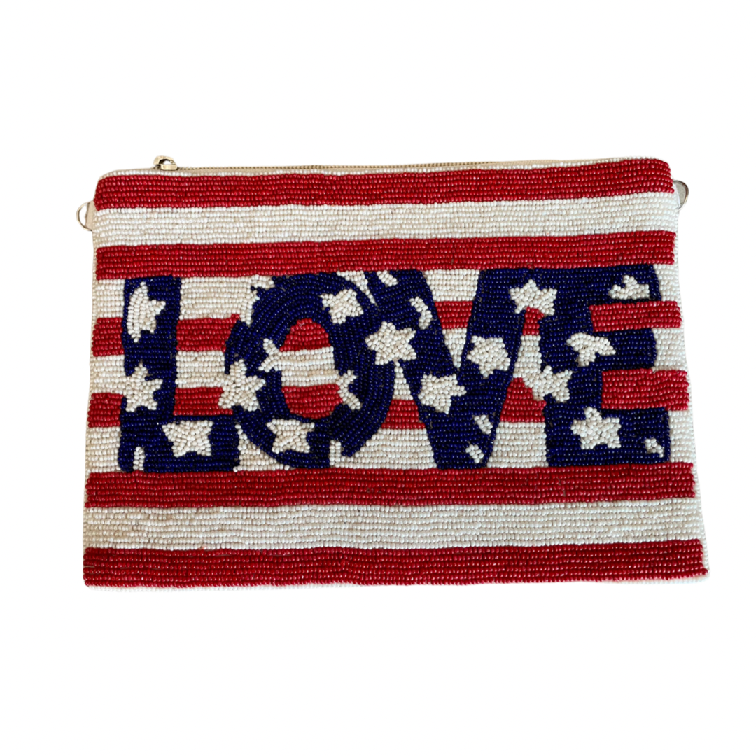 PATRIOTIC RED WHITE AND BLUE LOVE BEADED CLUTCH – MilaGrace Boutique